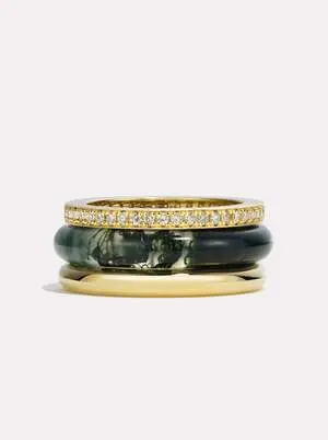 BY PARIAH Slim Classic Ring Stack Moss Agate | White Diamond