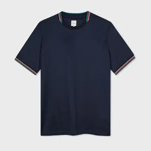 Paul Smith Navy Mercerised Cotton 'signature Stripe' Trim T-shirt - Blue