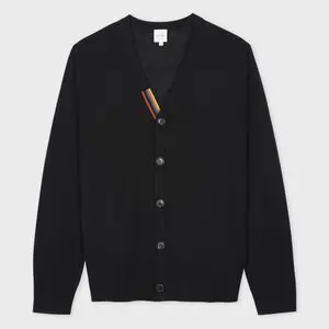 Paul Smith Merino Wool Cardigan With 'artist Stripe' Trim - Black