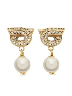 FERRAGAMO Gancini Earrings With Pearl And Crystals - Metallic