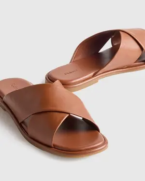 Quince Italian Leather Crossover Slide - Cognac