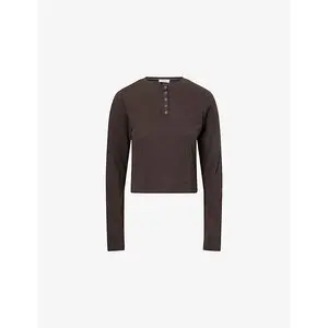 ADANOLA Slub Long-sleeve Button-up Cotton Top - Coffee Bean