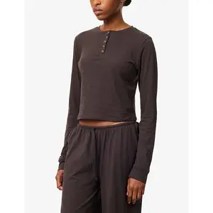 ADANOLA Slub Long-sleeve Button-up Cotton Top