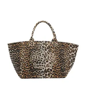 GANNI GANNI XXL Leopard Print Embroidered Logo Tote Bag Brown