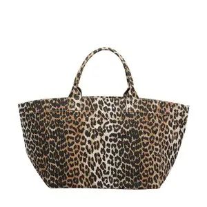GANNI Xxl Leopard Print Embroidered Logo Tote Bag - Brown