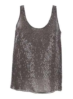 Brunello Cucinelli Silk Top With Round Neck And All-over Sequins Brown - Multicolor