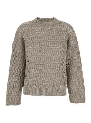 Brunello Cucinelli Beige Round Neck Pull With Round Neck And Long Sleeves In Linen - Multicolor