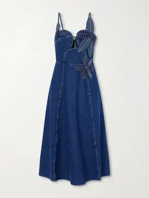 Farm Rio Floral Appliquéd Denim Midi Dress - Blue