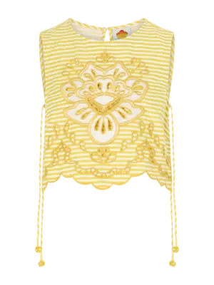 Farm Rio Cropped Striped Linen-blend Broderie Anglaise Tank - Yellow