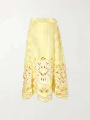 Farm Rio Striped Broderie Anglaise-trimmed Linen-blend Midi Skirt - Yellow