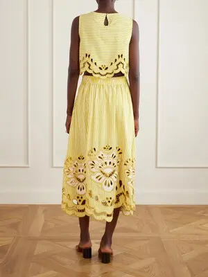 Farm Rio Striped Linen-blend Broderie Anglaise Midi Skirt - Yellow