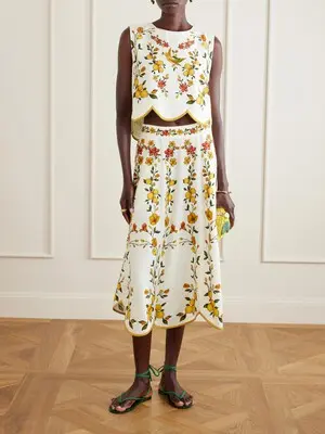 Farm Rio Lemon Bouquet Printed Linen-blend Midi Skirt - Neutrals
