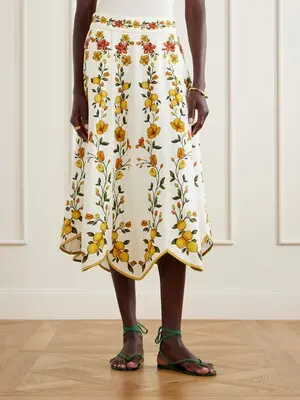 Farm Rio Lemon Bouquet Printed Linen-blend Midi Skirt - Neutrals