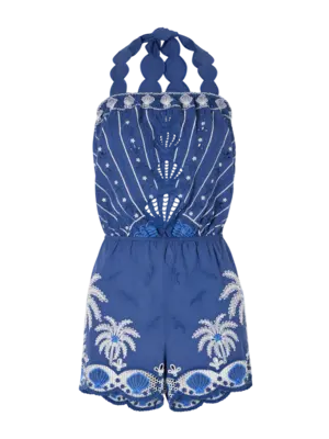 Farm Rio Engineering Scalloped Broderie Anglaise Linen-blend Playsuit - Blue