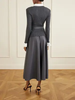 SELF-PORTRAIT Belted Embellished Ribbed-knit And Twill Midi Dress - Gray