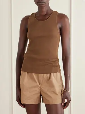 Saint Laurent Cassandre Embroidered Ribbed Cotton-jersey Tank - Brown