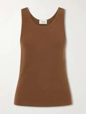 Saint Laurent Cassandre Embroidered Ribbed Cotton-jersey Tank - Camel
