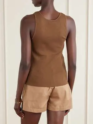 Saint Laurent Cassandre Embroidered Ribbed Cotton-jersey Tank - Camel
