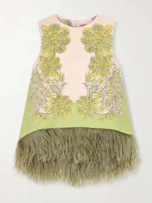 La DoubleJ La Scala Printed Feather-trimmed Cotton-blend Top - Blush