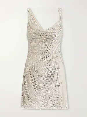 SELF-PORTRAIT Embellished Draped Tulle Mini Dress - Silver