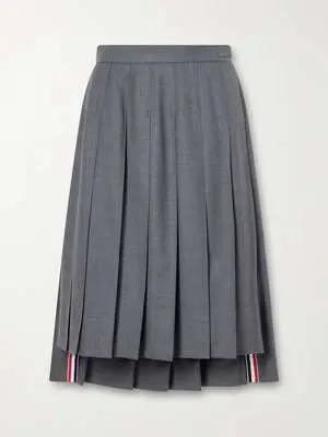 Thom Browne Asymmetric Grosgrain-trimmed Pleated Wool Midi Skirt