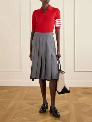 Thom Browne Asymmetric Grosgrain-trimmed Pleated Wool Midi Skirt