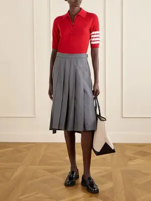 Thom Browne Asymmetric Grosgrain-trimmed Pleated Wool Midi Skirt