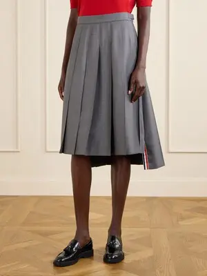 Thom Browne Asymmetric Grosgrain-trimmed Pleated Wool Midi Skirt