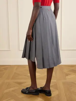 Thom Browne Asymmetric Grosgrain-trimmed Pleated Wool Midi Skirt