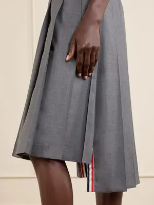 Thom Browne Asymmetric Grosgrain-trimmed Pleated Wool Midi Skirt