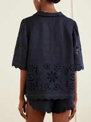Vita Kin Linen Broderie Anglaise Shirt - Blue