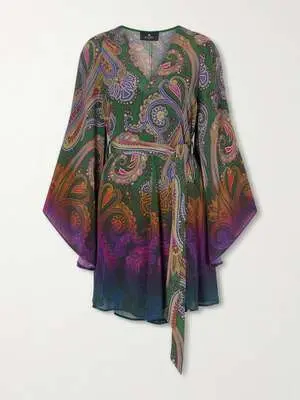 Etro Belted Paisley-printed Jersey Mini Dress Navy