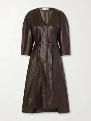 Victoria Beckham Dolman Belted Leather Midi Dress