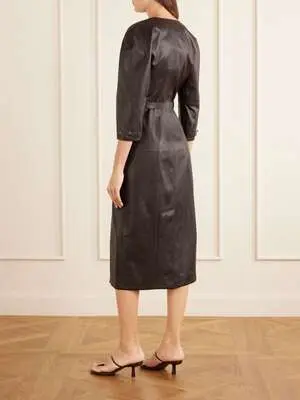 Victoria Beckham Dolman Belted Leather Midi Dress