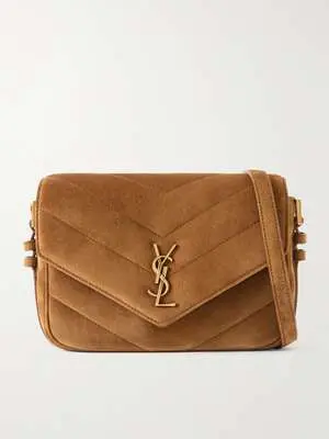 Saint Laurent Loulou Cassandre Embellished Suede Shoulder Bag - Camel
