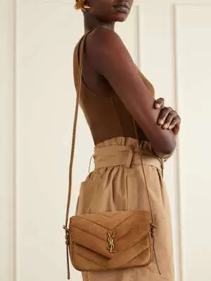Saint Laurent Loulou Cassandre Embellished Suede Shoulder Bag - Camel