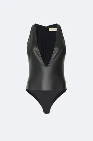 Lapointe Stretch Faux Leather Plunge Neck Bodysuit - Black
