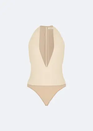 Lapointe Stretch Faux Leather Plunge Neck Bodysuit - Ecru