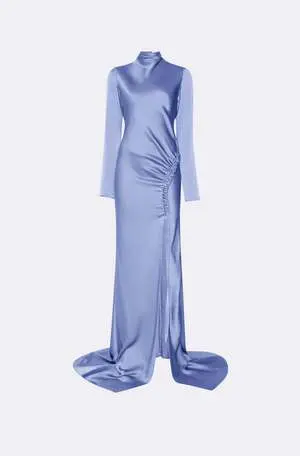 Lapointe Bias Cut Satin Gown With Slit And Shirring Detail - Periwinkle