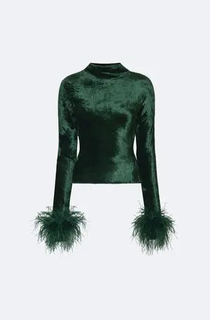 Lapointe Velvet Dolman Top With Feathers - Forest