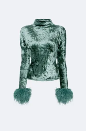 Lapointe Velvet Dolman Top With Feathers - Green