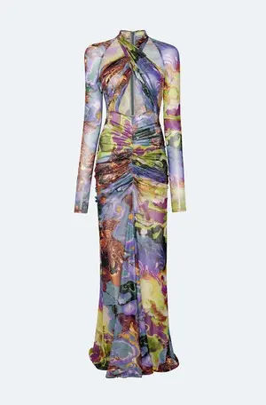 Lapointe Printed Mesh Halter Ruched Gown - Marble