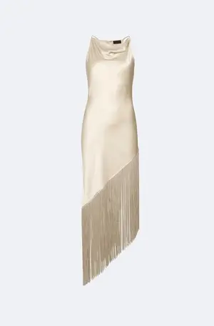 Lapointe Satin Cowl Neck Fringe Dress - Ecru