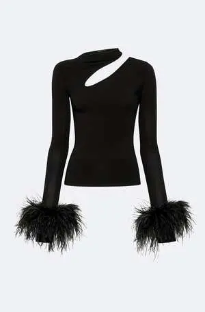 Lapointe Matte Viscose Asymmetric Top With Feathers - Black