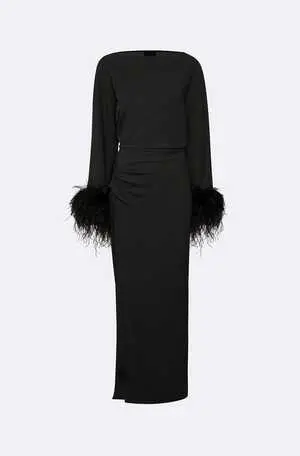 Lapointe Stretch Drape Crepe Off The Shoulder Dress With Feathers - Black