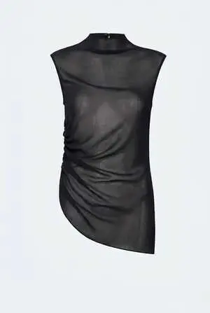 Lapointe Lightweight Georgette Mock Neck Ruched Top - Black