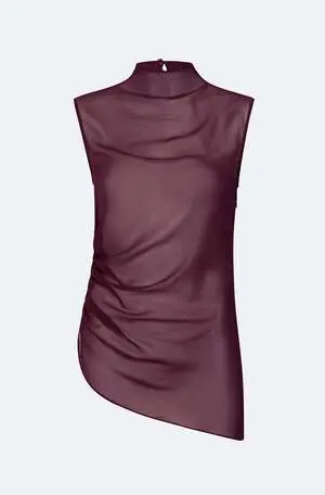 Lapointe Lightweight Georgette Mock Neck Ruched Top - Mulberry