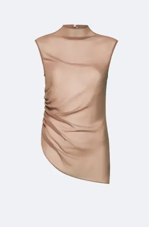 Lapointe Mock Neck Ruched Georgette Top - Oat