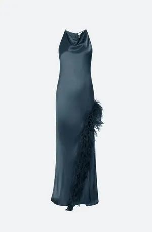 Lapointe Feather-trimmed Halter Gown - Marine