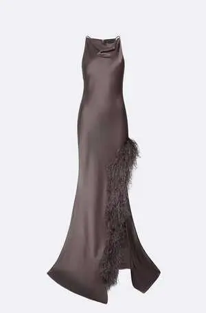 Lapointe Satin Halter Gown With Feathers - Mocha